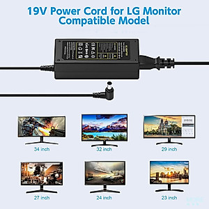DC 19V Power Cord for LG Monitor 19" 20" 22" 23" 24" 27" 29" 32" 34", for LG Monitor PS236V, 24MP48HQ-P, IPS236-PN, E2750VR-SN, 27MP38VQ, 29UM55-P, 32MA68HY-P Widescreen Power Supply Cord