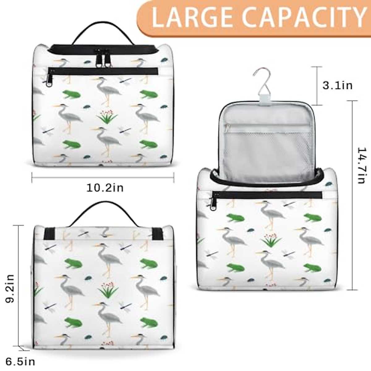 XMNYGJ Crane Frog Dragonfly Hanging Toiletry Bag for Men Women Travel Cosmetic Makeup Organizer Bag Water Resistant Large Portable Wash Case for Accessories, Toiletries, Cosmetics