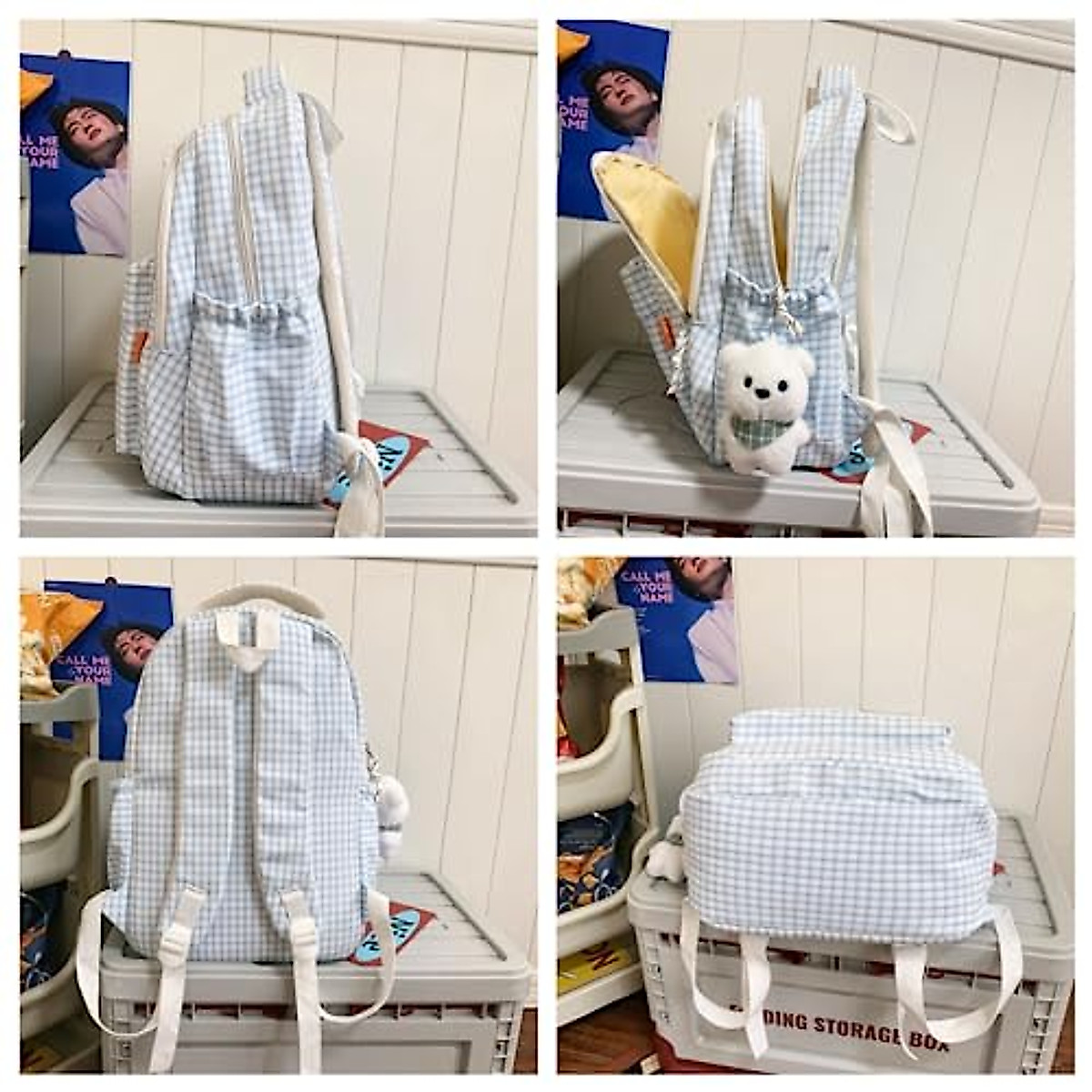 Kawaii Backpack with Cute Accessories Large Capacity Checkered Plaid Rucksack for Women Trendy Aesthetic Casual Daypack (Green)