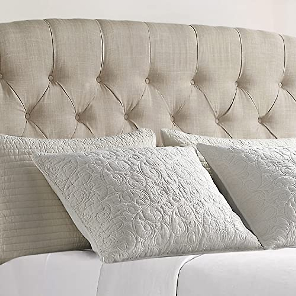 Rosevera Clancy Adjustable Heigh Headboard with Linen Upholstery and Button Tufting for Bedroom, King, Classic Beige