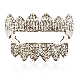 OOCC 18K Gold Plated Hip Hop Teeth Grillz Caps Iced Out CZ Top and Bottom Vampire Fangs Grillz with Diamonds for Your Teeth (Silver)