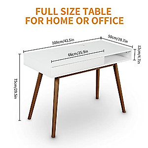 Arts wish White Writing Desk with Drawers Mid Century Modern Desk, Wood Office Desk Computer Desk Vanity Desk for Small Space, White Desk with Walnut Legs