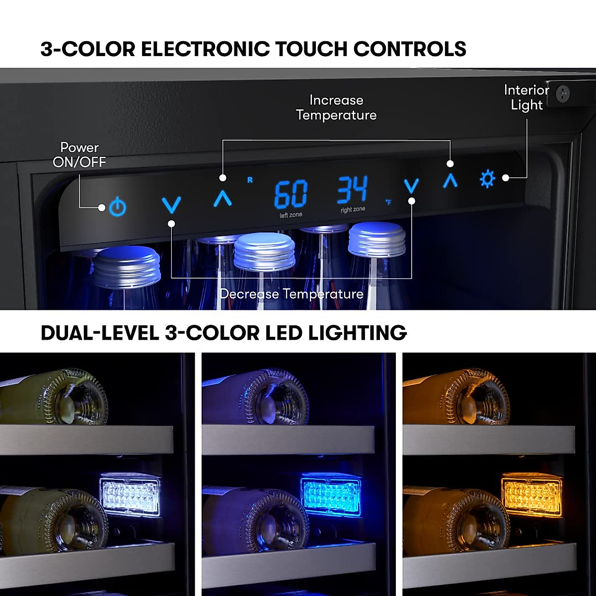 Zephyr Presrv 24 Inch Wine Fridge & Beverage Refrigerator Dual Zone Under Counter - Wine Cooler Cellars Small Beer Fridge Cabinet Drink Chiller Freestanding with French Glass Door 21 Bottles, 64 Cans