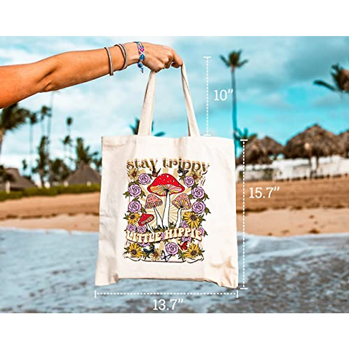 GXVUIS Stay Trippy Little Hippie Canvas Tote Bag for Women Aesthetic Flowers Mushrooms Boho Reusable Grocery Shoulder Bags White