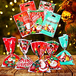Abeillo 50Pcs Christmas Goodie Bags for Kids, Santa Claus Theme Party Favor Bags Christmas Gift Bags Medium Size Plastic Gift Bags Bulk for Kids (10 x 7Inch)