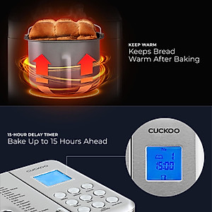CUCKOO Bread Maker Machine with 15 Menu Options + 3 Crust Colors, 2 lbs Bread Machine with Automatic Fruit & Nut Dispenser, Includes 6 Accessories, Ideal for Gluten Free or Sourdough (CBM-AAB101S)