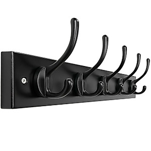 Dseap Wall Mounted Coat Rack: 16" Hole to Hole, Coat Hook Hanger with 5 Metal Hooks for Hanging Coats Towels Hats Clothes, Black