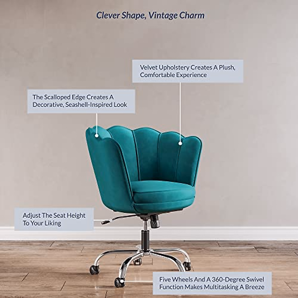 BELLEZE Upholstered Velvet Seashell Accent Chair, Rolling Swivel Office Vanity Unique Cute Decorative, Armless Stylish Comfy, Adjustable Height - Kaylee (Green)