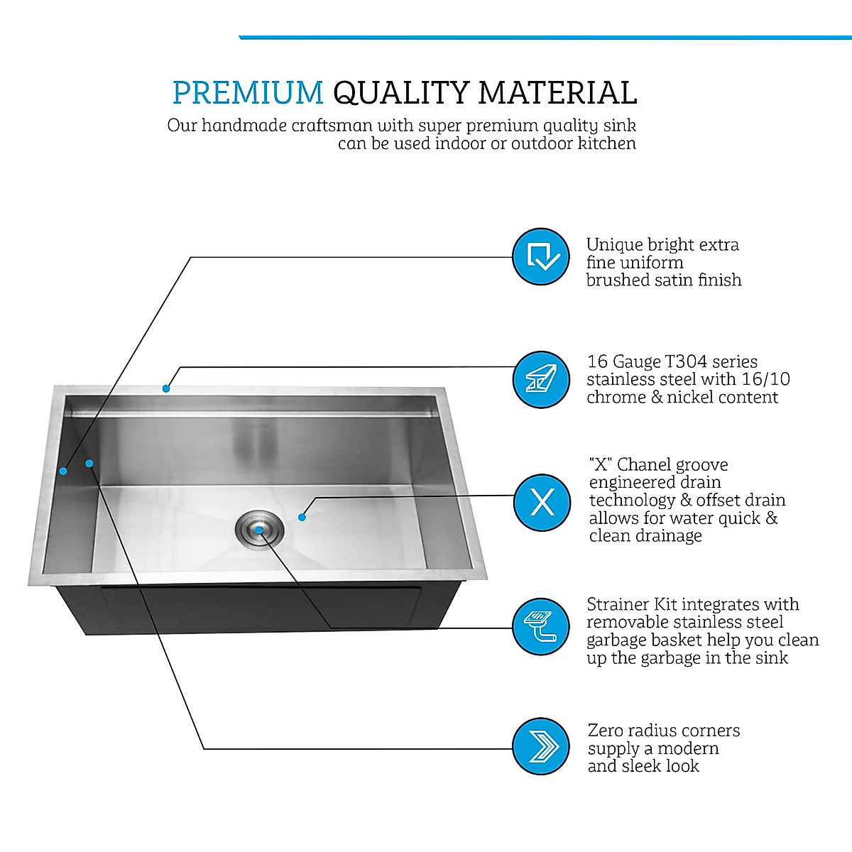 KABCO K-SSZRIS1 32 Inch 16 Guage Undermount kitchen sink Zero Radius Single Bowl stainless steel Finish kitchen sink 32"L X 19"W X 10"D Inch