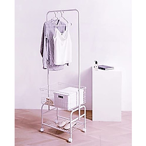 Rolling Laundry Basket with Wheels,Clothing Rack for Garment Hanger,Storage Metal Cart, White Color, Large Capacity Room Organization,Metal Movabel Laudry Basket, (White)