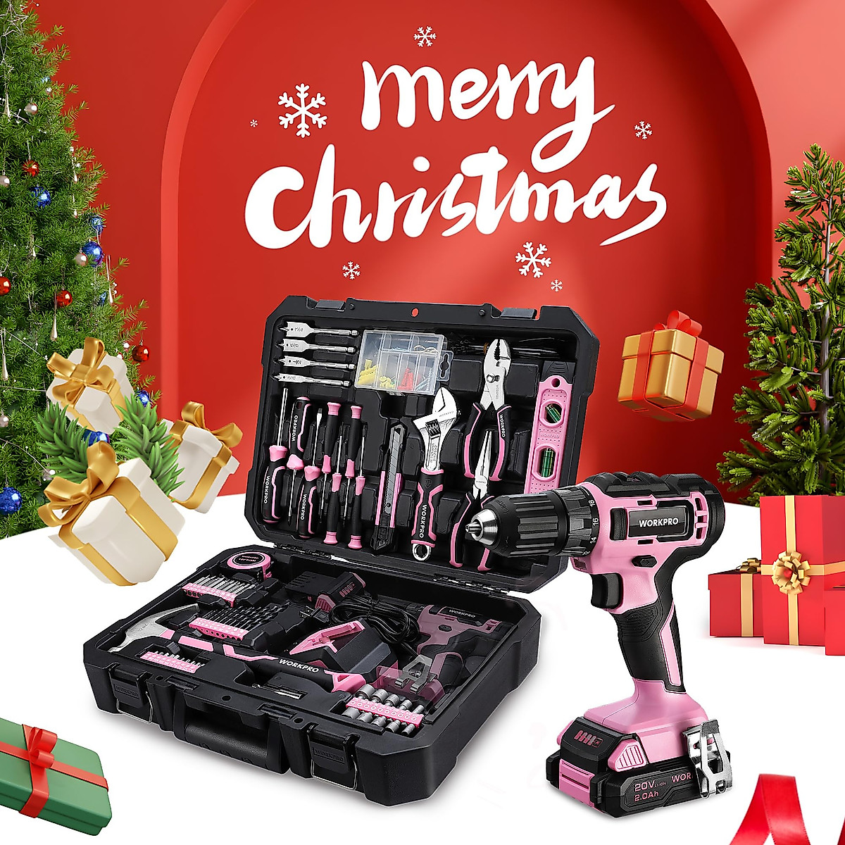 WORKPRO 20V Pink Cordless Drill Driver and Home Tool Set, 141PCS Hand Tool Kit for DIY, Home Maintenance, 2.0 Ah Li-ion Battery, 1 Hour Fast Charger, and Tool Box Included - Pink Ribbon