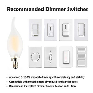 OPALRAY C35 2W(25W Incandescent Equivalent) LED Candelabra Bulb, Dimmable, LED Filament Lamp, Warm White Light 2700K, Frosted Glass Cover, E12 Small Base, Flame Tip, 5-Pack