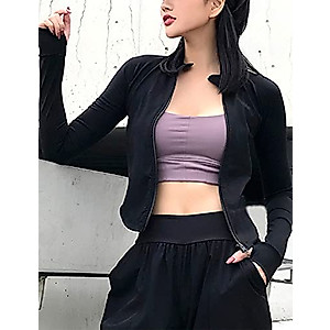 Hvewarm Women's Cropped Athletic Bbl Jacket Seamless High Low Hem Zipper Thumbhole Workout Sportwear(ABlack-S)