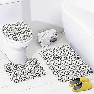 My Little Nest 3 Piece Bath Rugs Mat Set Geometry White and Black Trellis Soft Foam Bath Mat Non Slip Bathroom Rugs Washable Contour Mat and Lid Cover