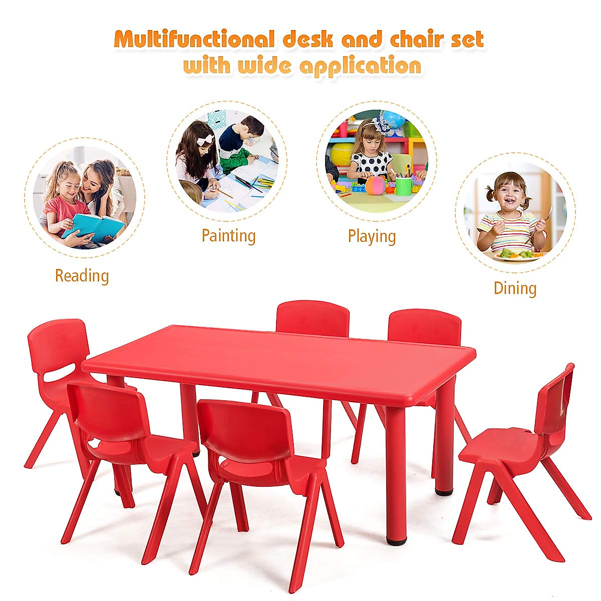 HONEY JOY Kids Table and 6 Chair Set, 47 x 23.5 Inch Children Rectangular Table with Stackable Seats, 7 Pcs Plastic Activity Toddler Furniture Set for Playroom Daycare, Gift for Boys Girls