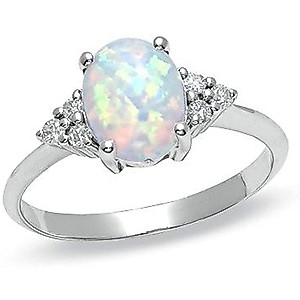 U-M White Gold Rings for Women Simulated Opal with Diamond Accent Womens Ring Fashion Engagement Bride Bridesmaid Jewelry Accessories Festive Birthday Party Favors Deft and Attractive