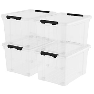 Taysisiter 40 Quart Plastic Clear Latching Bin with Lid, Plastic Storage Box with Wheels, 4 Packs