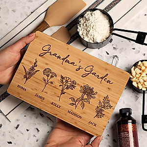 GRANDMA'S GARDEN, Personalized Cutting Board with Birth Flower Design, 9X6", Mothers Day Gifts for Grandma, Custom Engraved Gifts for Mom, Grandma - Grandma Gifts Ideas - 5 Names