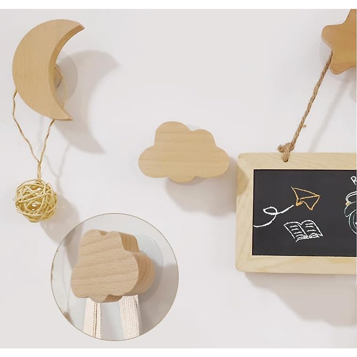 KUMGROT 5pcs Coat Hooks Wall Mounted Wood Wall Hooks Decorative Cute Hooks for Living Room Bedroom Hanging Clothes Hats Towels Purse 1 Moon 3 Stars 1 Cloud