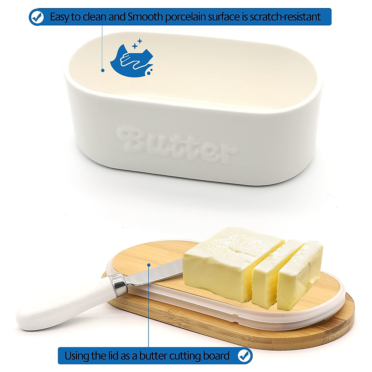 MBR FORCE Ceramic Butter Dish with Lid for Countertop Large White Farmhouse Butter Holder with Knife Butterdish Keeper Container Box