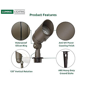 Lumina 4W LED Landscape Lights Cast-Aluminum Waterproof Outdoor Low Voltage Spotlights for Walls Trees Flags Light with Warm White 4W MR16 LED Bulb and ABS Ground Stake Bronze SFL0104-BZLED6 (6PK)