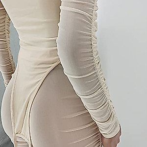 Uni Clau Women Sexy Sheer Mesh Deep V Neck Two Piece Outfits Long Sleeve See Through Skinny Long Pants Club Long Romper Jumpsuit Beige M