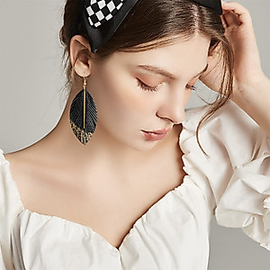 Handmade Bohemian Lightweight Soft Genuine Leather Feather Leaf Dangle Drop Earring Sparkle Real Leather Large Leaf Hook Earrings With Simple Drop Metal Bar for Women Statement Jewelry Gifts (Black Color)