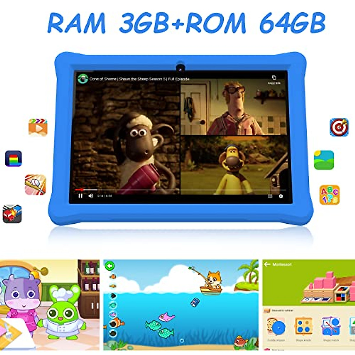 Kids Tablet, 10 inch Androrid 11 Toddler Tablet for Kids, 3GB RAM+64GB ROM Tablets, Google Certificated, 8MP Camera, Pre-Installed&Parent Control Learning Education Tablet with Kids-Proof Case Stylus