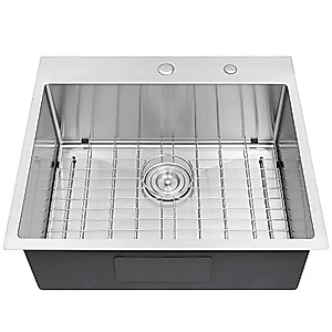 WHISTLER 25x22 inch Handmade Topmount Sink Drop-In 16 Gauge Stainless Steel Single Bowl Kitchen Sinks with 2 Holes for Faucet & Soap Dispenser, Basket Strainer,Bottom Grid and Kitchen Towel