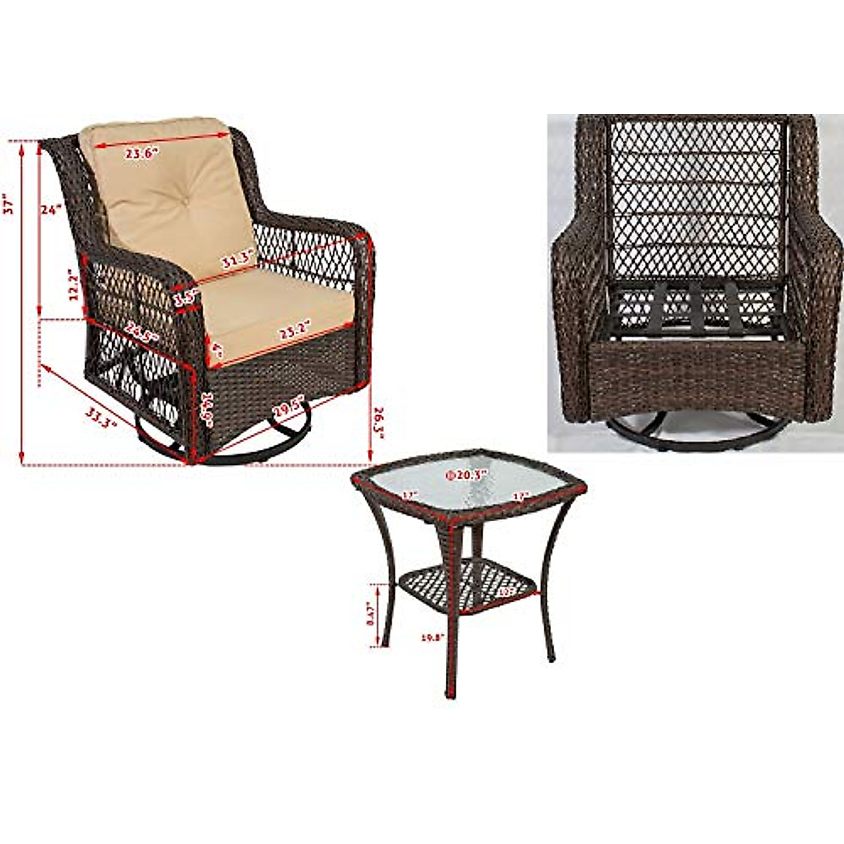 Go Light 3-Piece Patio Wicker Bistro Set of 2 and Side Table Outdoor Swivel Chairs,Rattan Rocker Conversation Set,2 Rocking & Swivel Chairs Brown Rattan Furniture Set w/Khaki Cushions