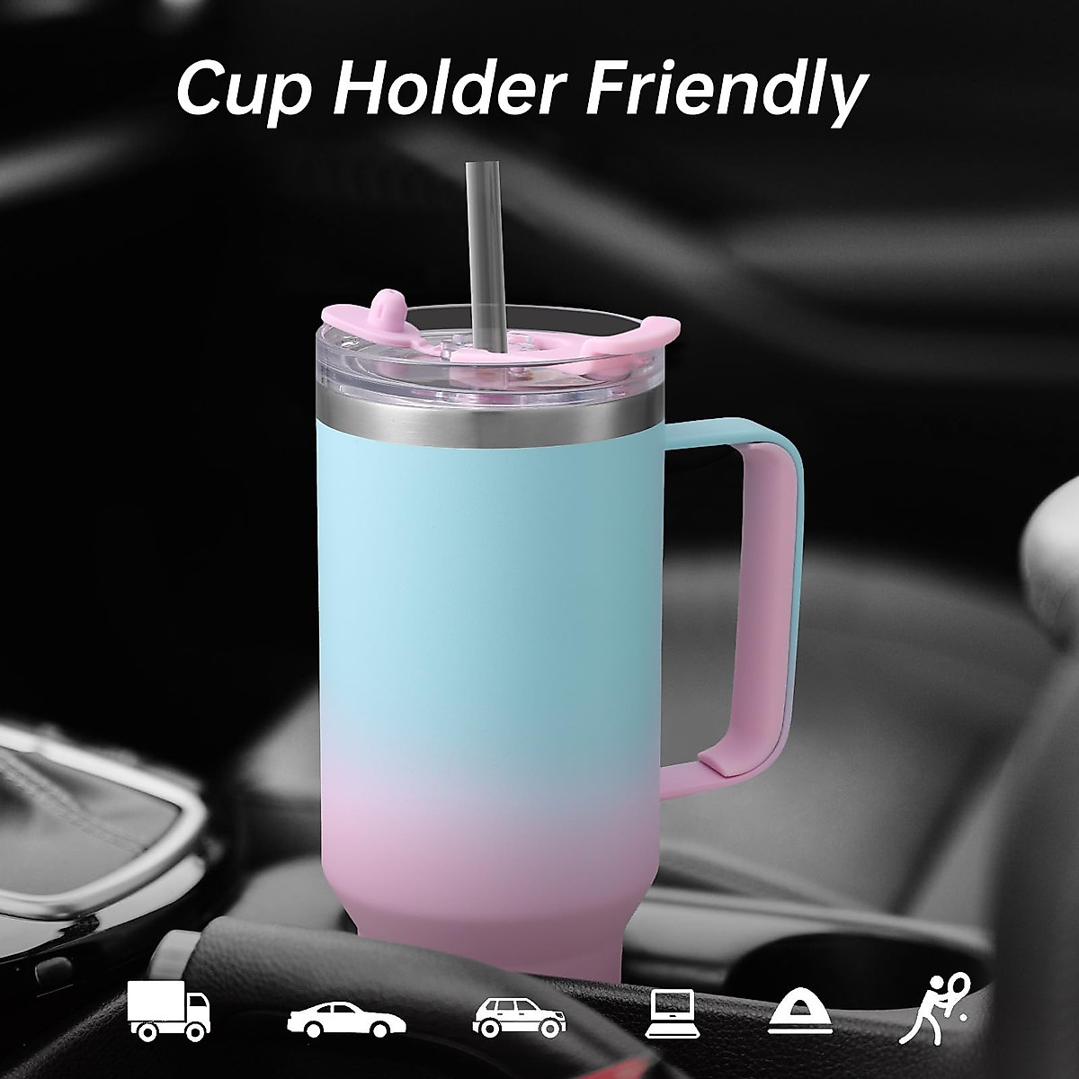 COKTIK 40 oz Tumbler With Handle and Straw Lid, 2-in-1 Lid (Straw/Flip), Vacuum Insulated Travel Mug Stainless Steel Tumbler for Hot and Cold Beverages,Easy to Clean (Bubble Gum)