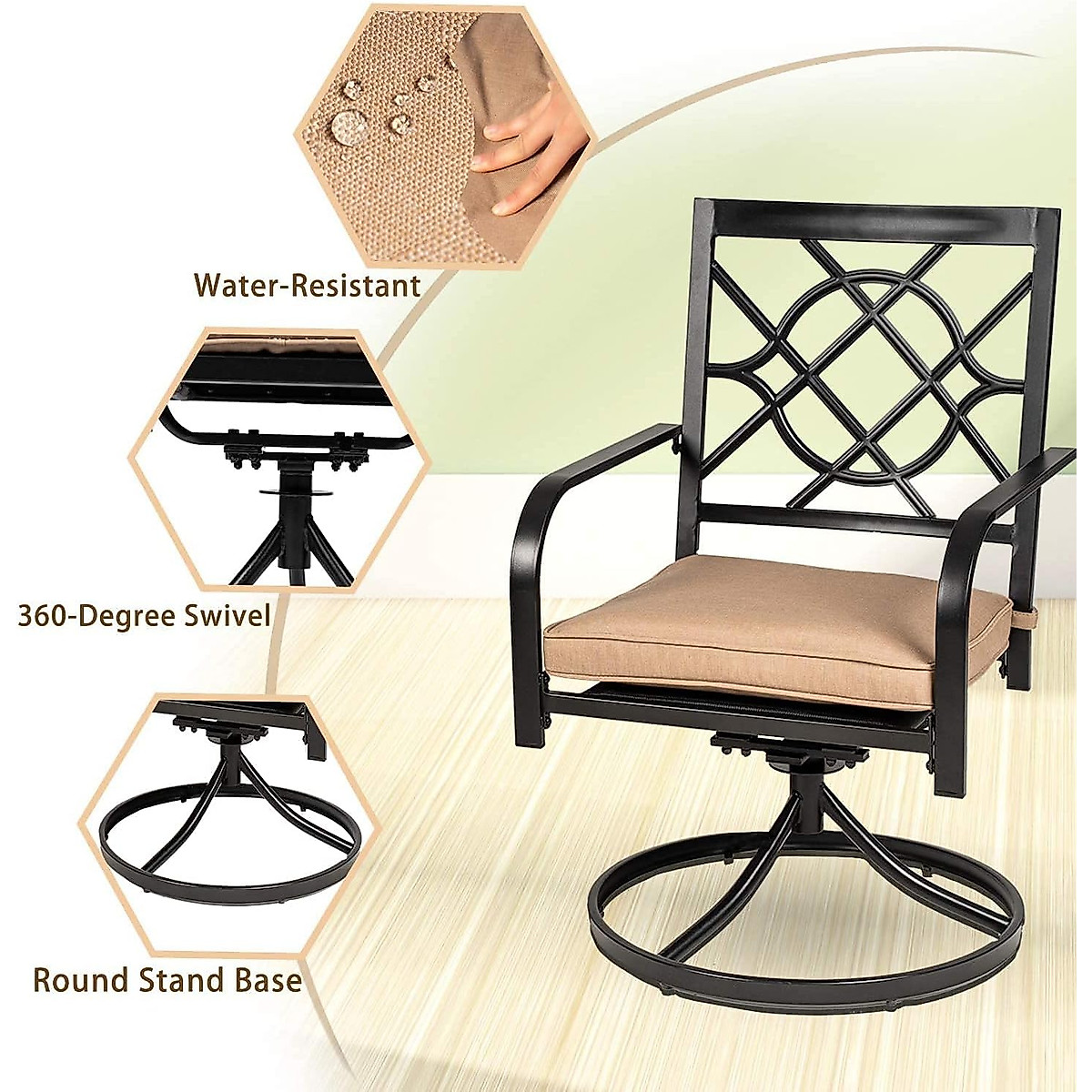 SUNCROWN Outdoor Dining Swivel Chairs Set of 4, Metal Frame Patio Chair Rocker with Brown Cushion for Garden, Bistro, Backyard