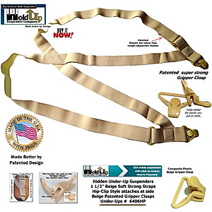 Holdup Tan 1 1/2" Hip-Clip Style Under-Ups Suspenders for Men with the Patented Composite plastic Gripper Clasps