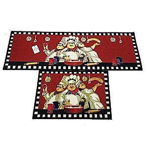 EUCH Non-Slip Rubber Backing Carpet Kitchen Mat Doormat Runner Bathroom Rug 2 Piece Sets,15"x47"+15"x23" (Three Chef)