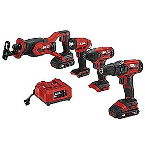 SKIL 4-Tool Kit: 20V Cordless Drill Driver, Impact Driver, Reciprocating Saw and LED Spotlight, Includes Two 2.0Ah Lithium Batteries and One Charger - CB739601, White