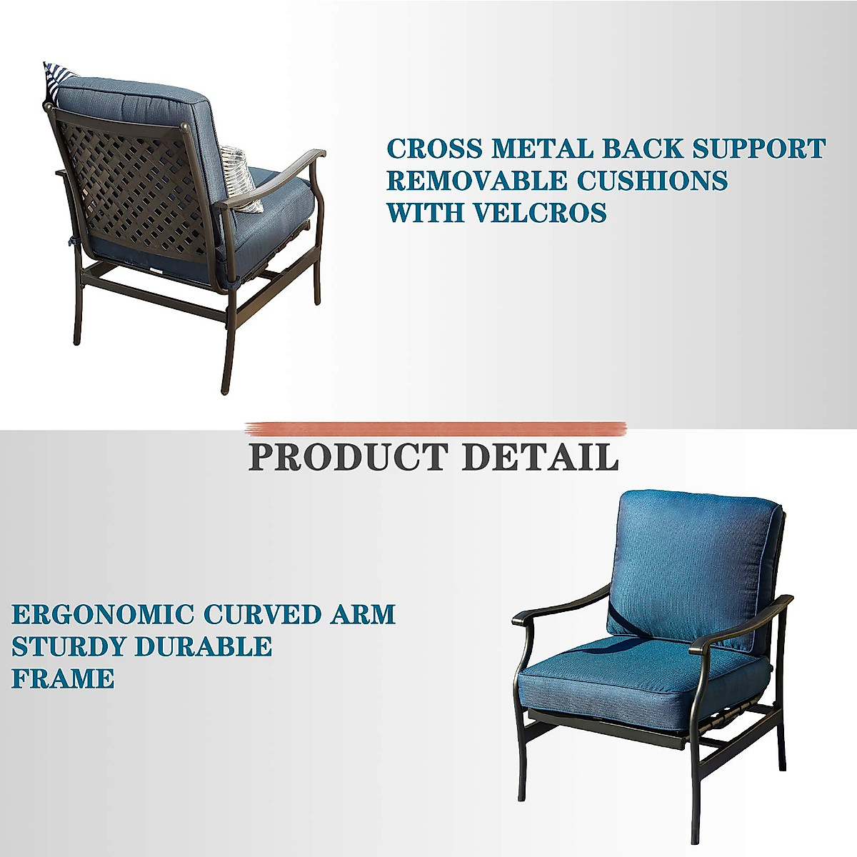 Festival Depot Patio Set of 2 Dining Chairs with Thick Cushions Metal Frame Outdoor Furniture for Bistro Deck Garden (Blue)