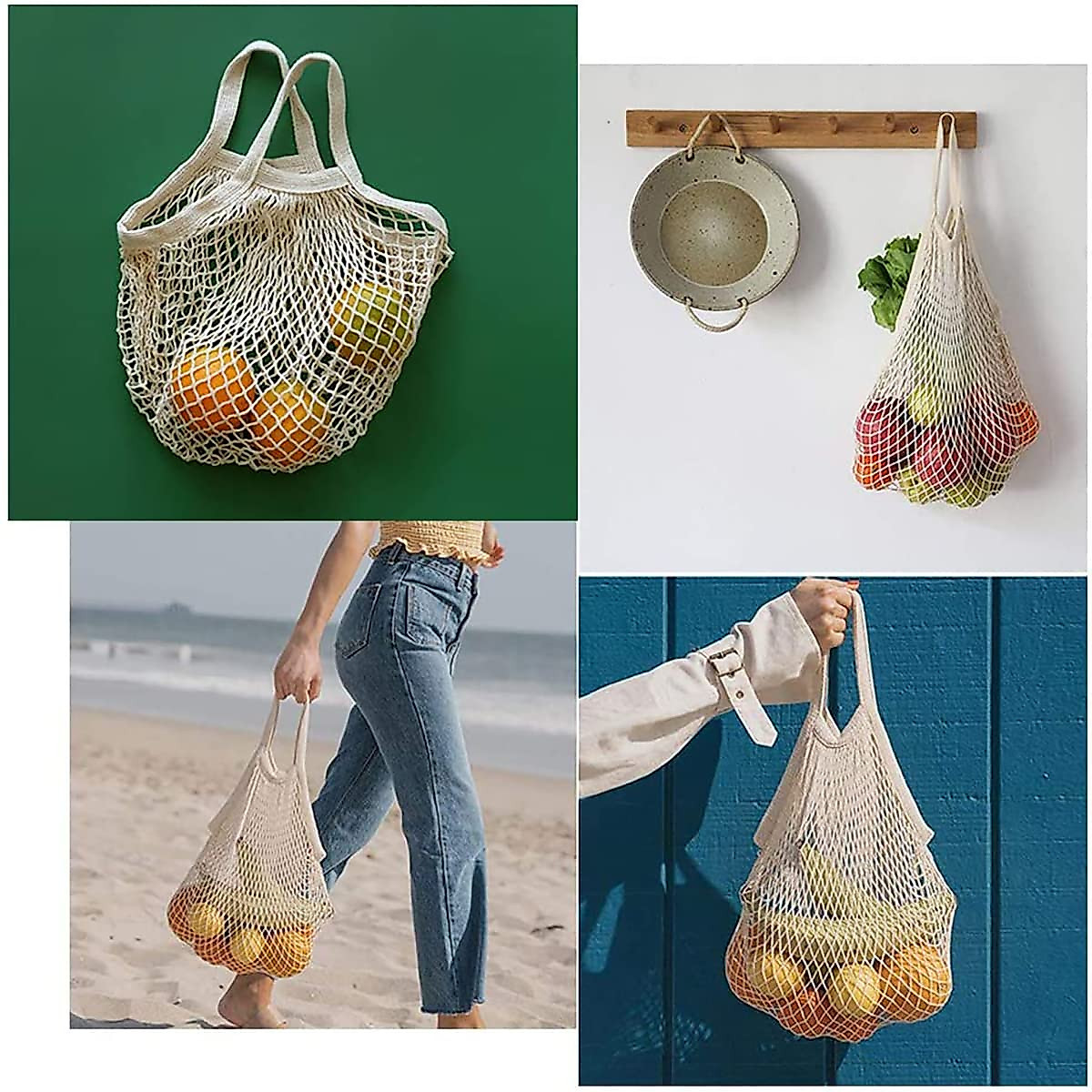 ECYC 1 Pcs Cotton Mesh Grocery Bag, Reusable Long Handle Mesh Bags Cotton String Bags Mesh Shopping Bag Net Tote Bag for Fruit Vegetable,L,Orange