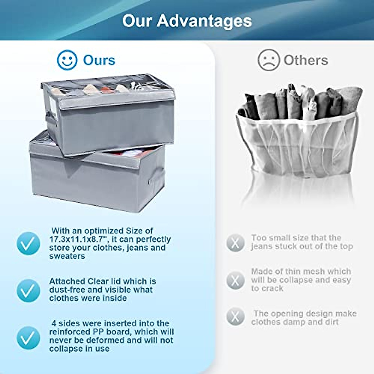 2 Pack Drawer Organizers for Clothes - Wardrobe Closet Organizer and Storage with Transparent Lids for Jeans Pants Dresses Sweaters Shirts, Stackable Large Size Fabric Organization Bins - 9 Grids Grey