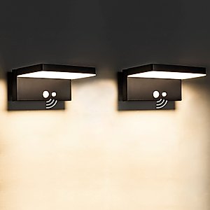 BRIMMEL Solar Wall Lights Outdoor 2 Packs, 3 Light Modes, Motion Sensor Solar Sconce, Dusk to Dawn, 10 Hours Battery Life, Super Bright Solar Address Light for Fence Patio Porch, Aluminum, Black