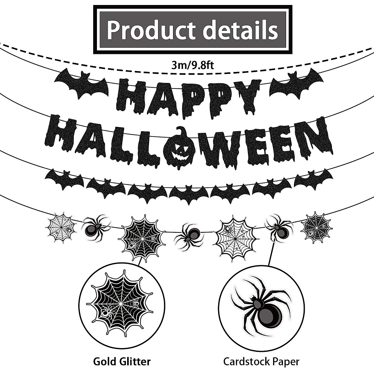 Happy Halloween Banner, NO-DIY Spider Web Halloween Decorations Garland Bat Garland Black Glitter Halloween Banner, Spider Garland for Halloween Office Decorations Halloween Classroom Decorations