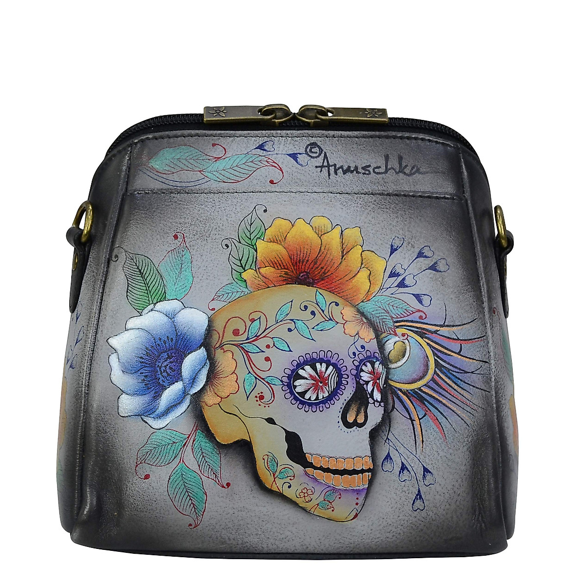 Anuschka Women’s Genuine Leather Zip Around Travel Organizer - Hand Painted Exterior - Calaveras de Azúcar