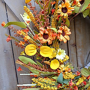 idyllic 20 Inches Harvest Wreath, Yellow and Orange Daisies Flowers, Ear of Wheat, Green and Spring Leaves Wreath for Front Door