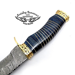 Best.Buy.Damascus1 Blue Wood 13" Fixed Blade Custom Handmade Damascus Steel Kukri Hunting Knife Double Brass Bolster Spacers Unique Beautiful File Work On Handel Come With Leather Sheath