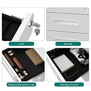 YITAHOME 3-Drawer Metal Mobile File Cabinet, Rolling Filing Cabinet with Lock, Filing Cabinet Under Desk fits Legal/A4 Size for Home/Office, Fully Assembled,White