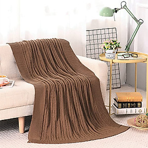 Alysheer 100% Cotton Cable Knit Throw Blanket 57 x 63 in, All Weather Chic Sweater Knitted Textured Soft Warm Lightweight Decorative Sofa Throws for Couch Bed Outdoor Chair(Coffee Light Brown)