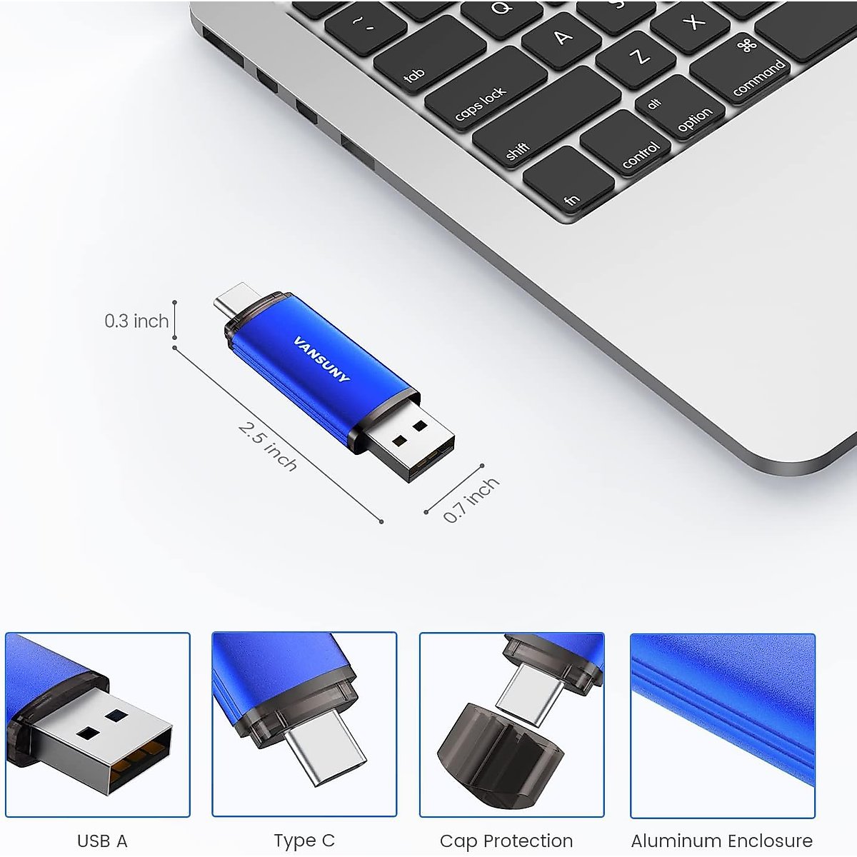 Vansuny 64GB USB Type-C Flash Drive 2-in-1 Dual Flash Drive USB A + USB C OTG Flash Drive for Android Smartphone Tablet Computer Laptop (Blue)