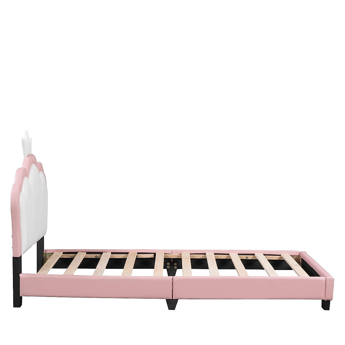 Merax Kids Twin Upholstered Day Bed Frame for Boys Girls, Wood Platform Bed with Crown Headboard, No Box Spring Needed White/Pink
