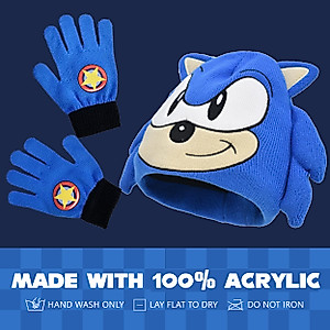 Sonic the Hedgehog Beanie Hat and Glove Set, Kids Knitted Winter Hat and Gloves with 3D Ears and Quills, Blue, One Size