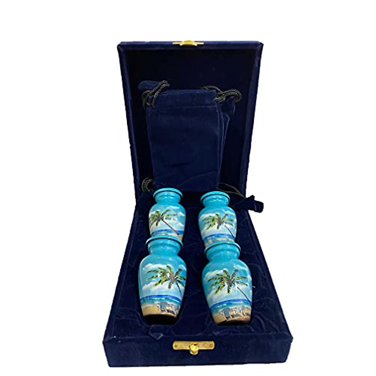 HLC URNS Keepsake Urn Set of 4 – Lovely Blue Beach Set of 4 Keepsake Cremation Urn for Human Ashes with Velvet Box & 4 Velvet Bag-Mini Keepsake Urn - Affordable Keepsake Urn (3 cu.in)