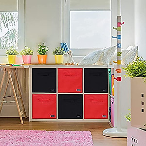 Kleafs 11 inch Storage Cubes, Collapsible Storage Bins, Clothes, Toys and Closet Organizer for Bedroom, Nursery, Playroom, Living Room - 6 pack (Red & Black).